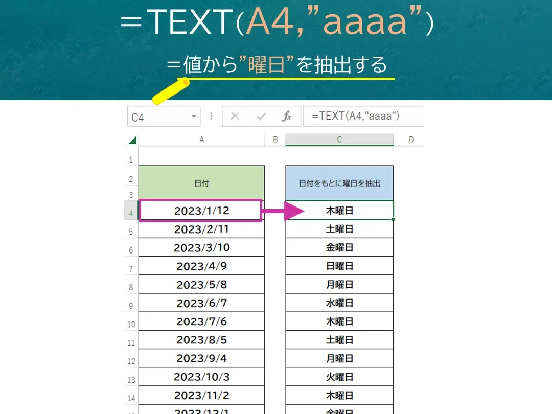 Excel TEXT関数で日付を文字列に変換：表示形式を自由に設定！